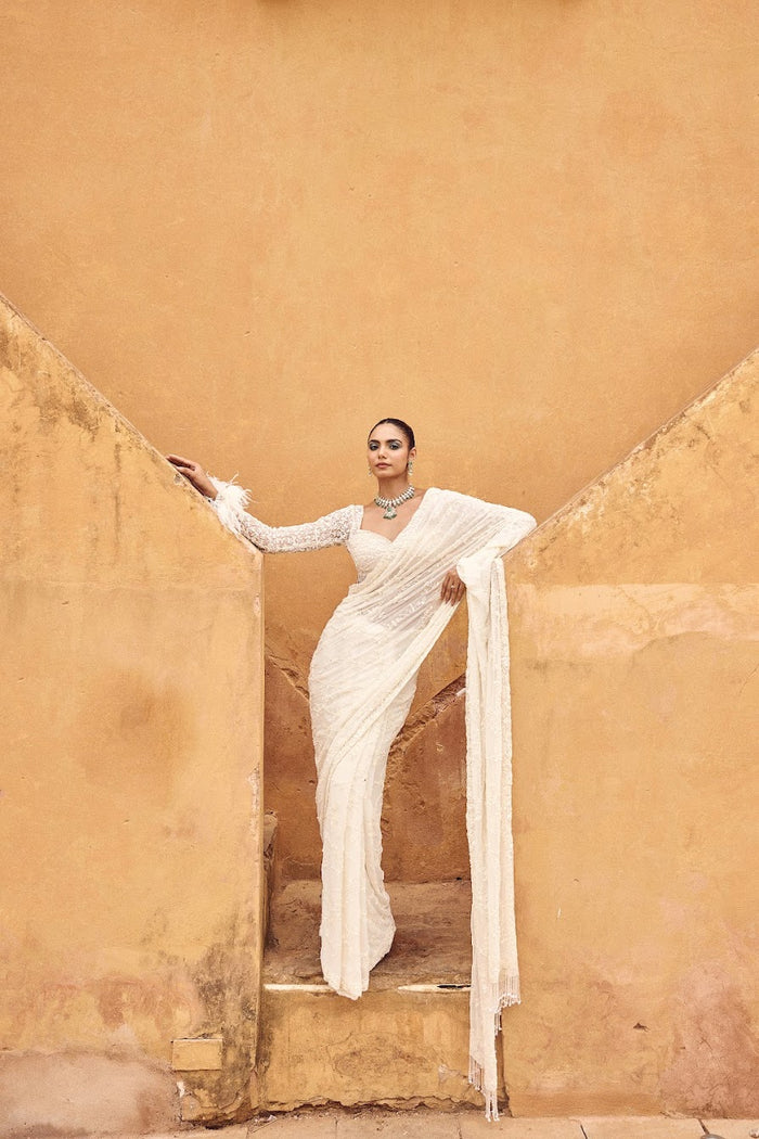 Buy Delaram Hand Embroidered Georgette Saree | Rouje