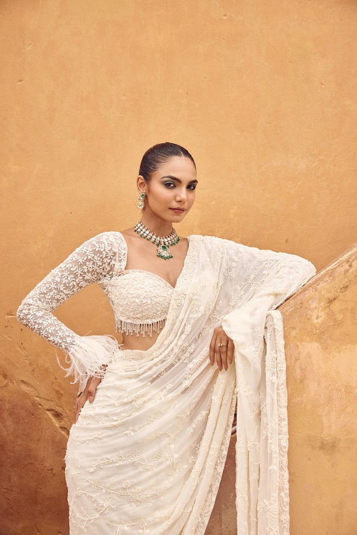 Buy Delaram Hand Embroidered Georgette Saree | Rouje