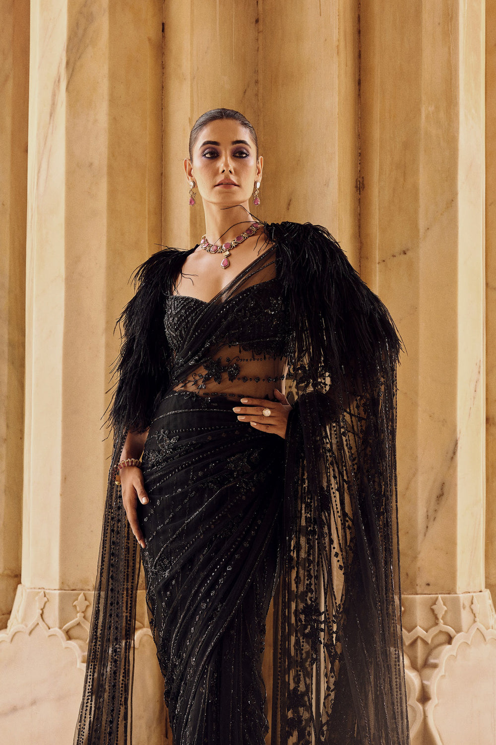 Buy Ashra Black Hand Embroidered Saree with Cape | Rouje