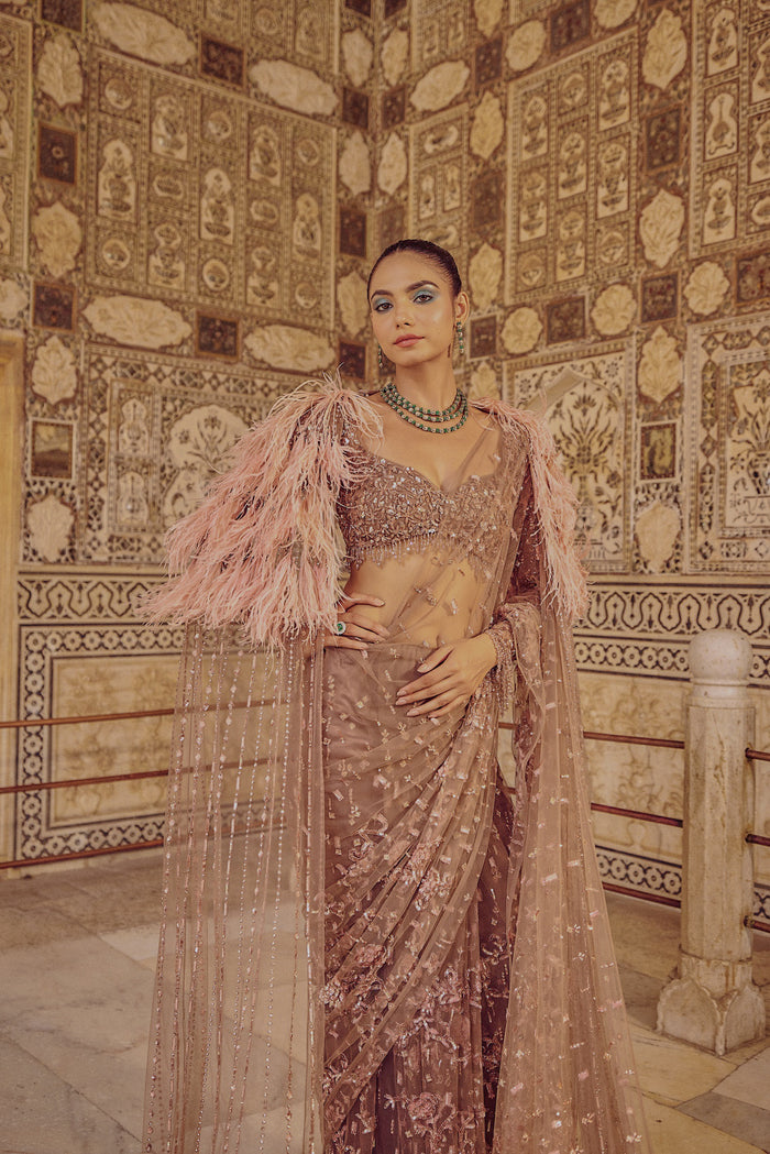 Buy Tamara Hand Embroidered Tulle Saree with Cape | Rouje