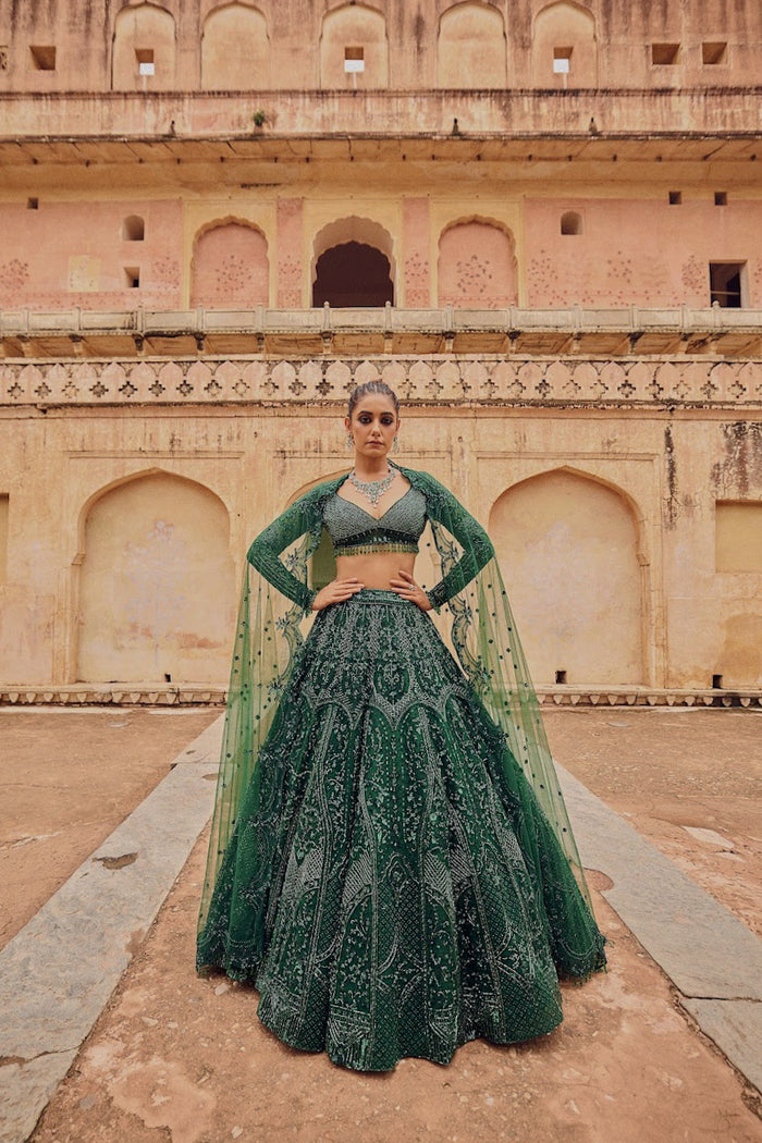 Buy Sahar Fern Green Hand Embroidered Lehenga | Rouje