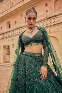 Buy Sahar Fern Green Hand Embroidered Lehenga | Rouje