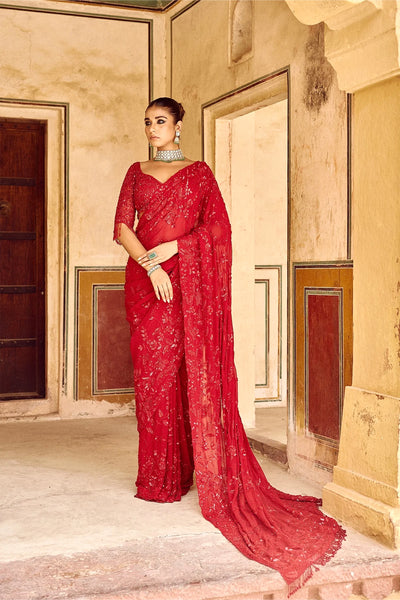 Buy Safiya Red Hand Embroidered Saree with Dupatta | Rouje – Rouje
