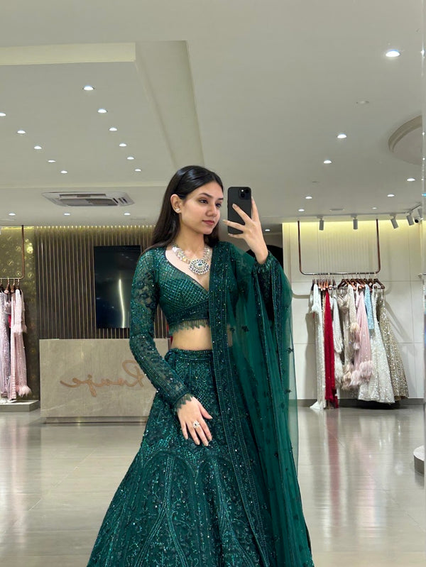 Buy Sahar Fern Green Hand Embroidered Lehenga | Rouje