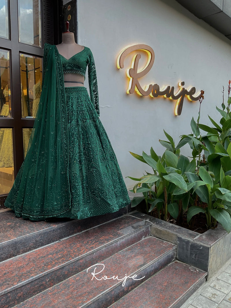 Buy Sahar Fern Green Hand Embroidered Lehenga | Rouje