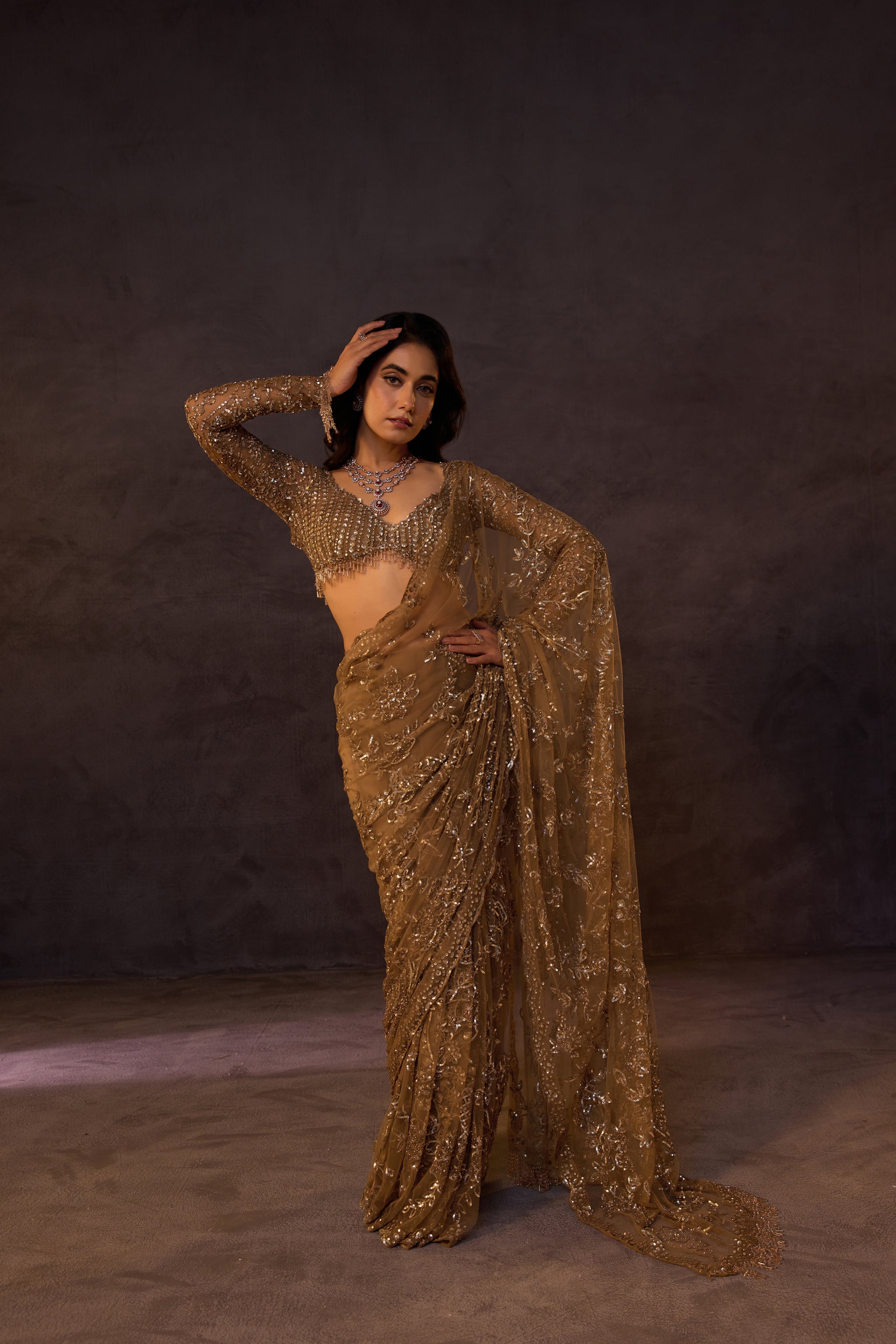 Buy Aviva Dusty Gold Hand Embroidered Saree | Rouje
