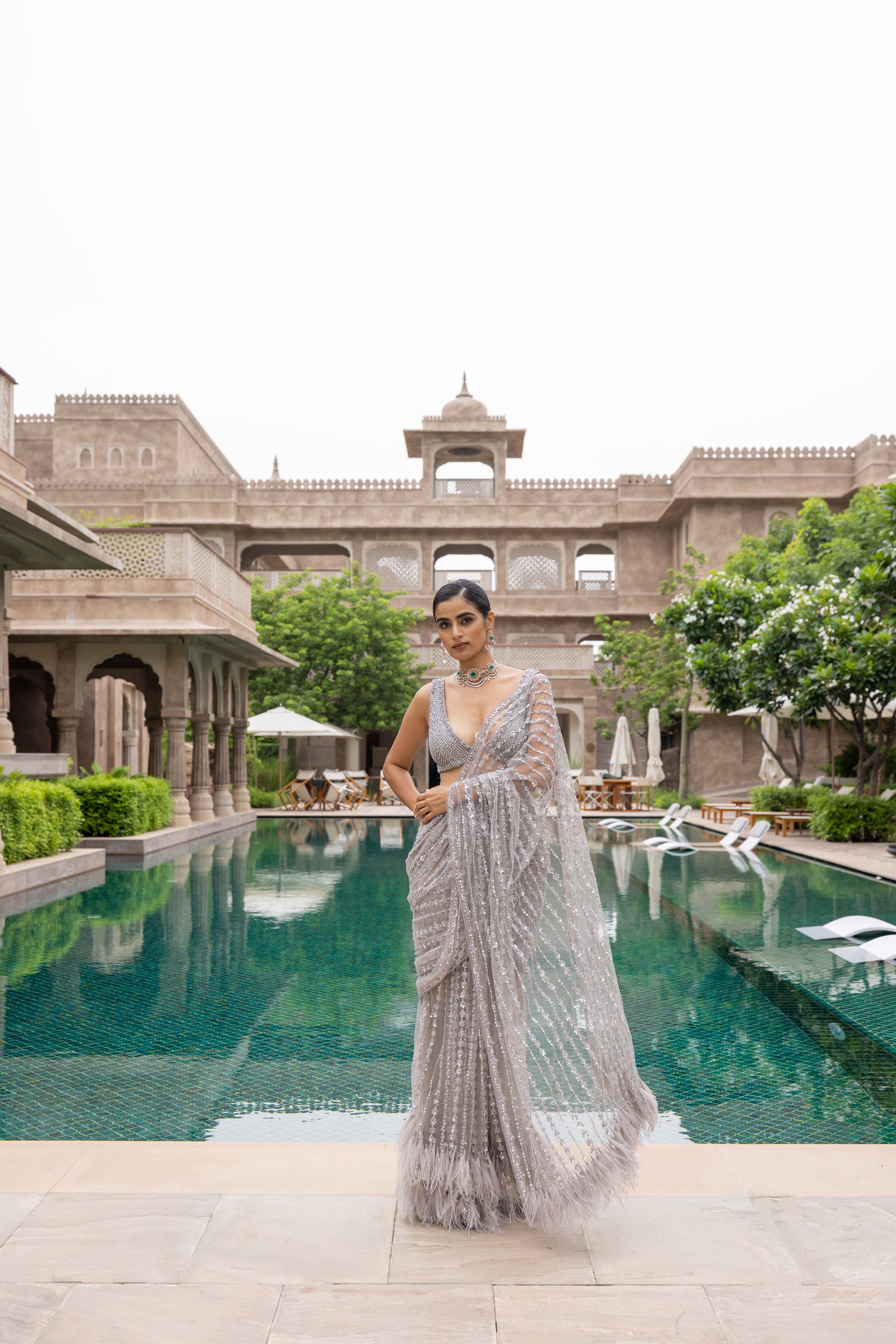 Buy Sabrina Hand Crafted Tulle Saree with Feathers | Rouje Official