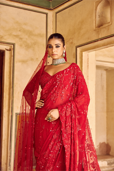 Buy Safiya Red Hand Embroidered Saree with Dupatta | Rouje – Rouje