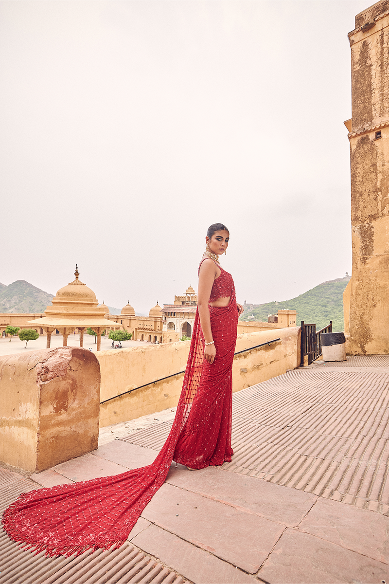 Buy Aftab Red Hand Embroidered Saree with Veil | Rouje