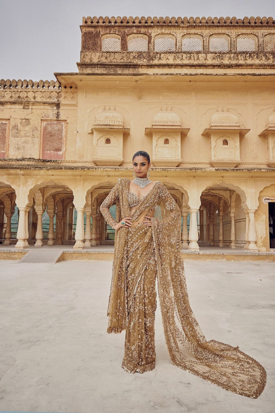 Buy Farishta Dusty Gold Hand Embroidered Saree with Dupatta | Rouje