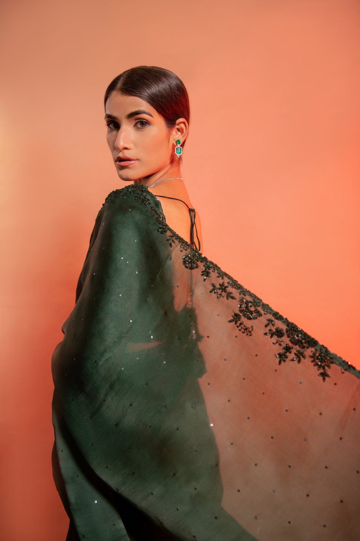 Buy Isabelle Forest Green Satin Organza Saree | Rouje Official