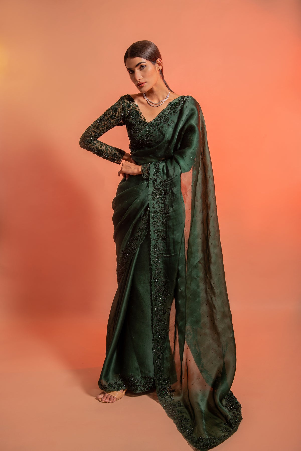 Buy Isabelle Forest Green Satin Organza Saree | Rouje Official