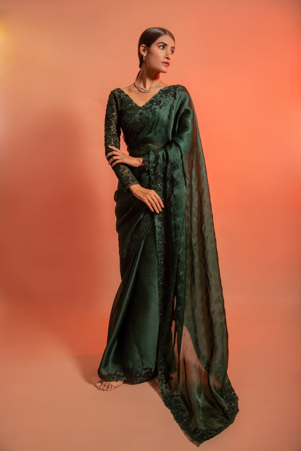 Buy Isabelle Forest Green Satin Organza Saree | Rouje Official