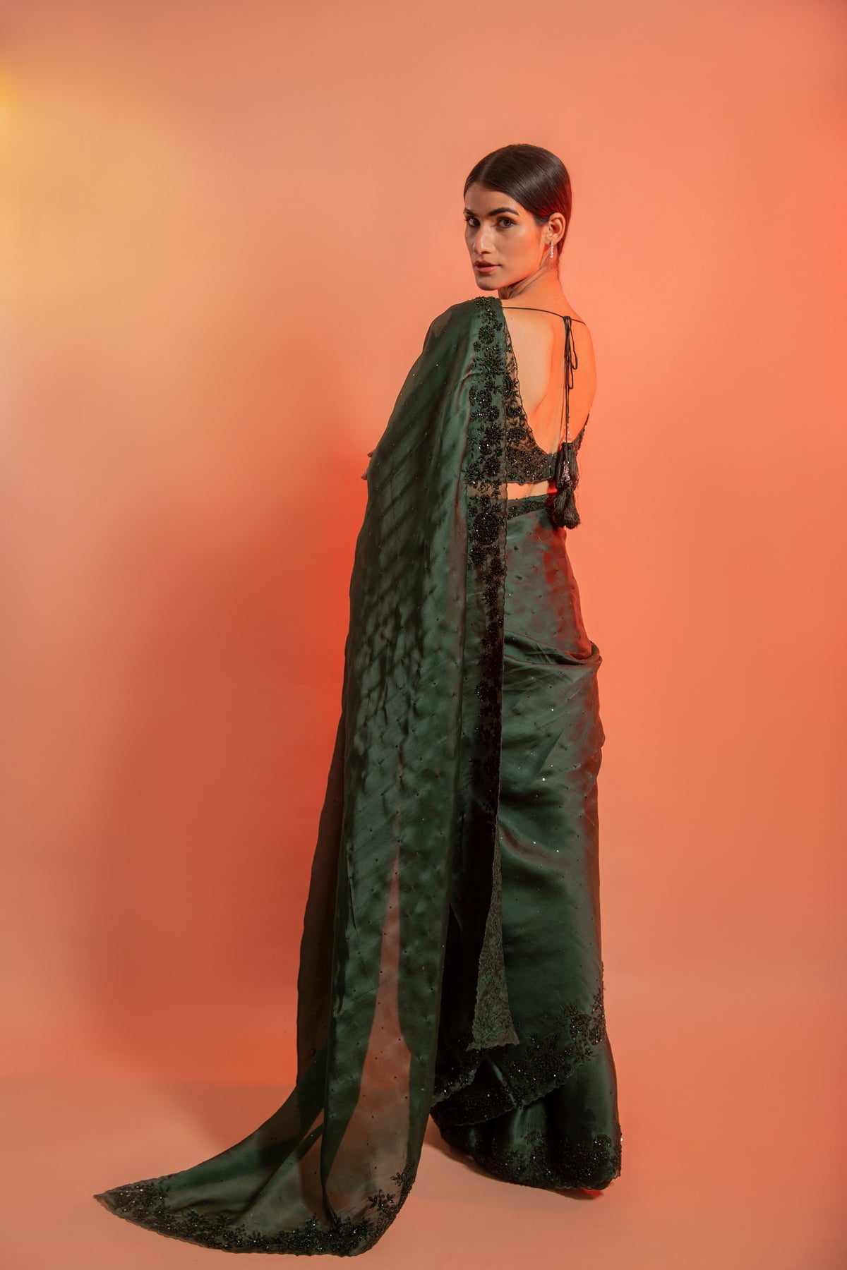 Buy Isabelle Forest Green Satin Organza Saree | Rouje Official