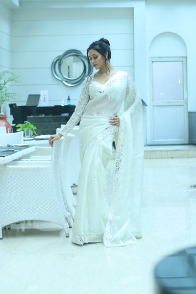 Latest Chloe Ivory Satin Organza Saree Online | Rouje Official
