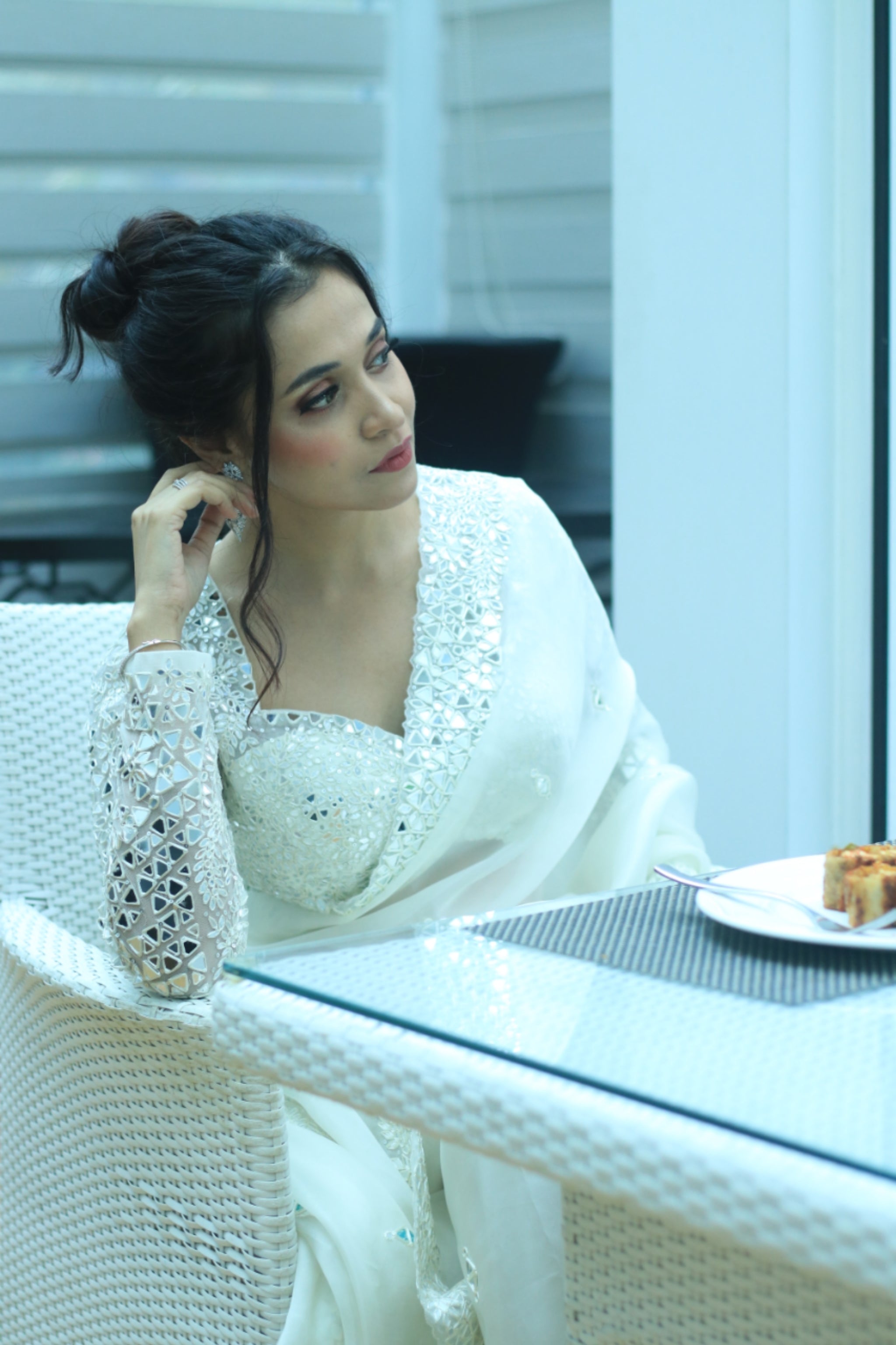 Latest Chloe Ivory Satin Organza Saree Online | Rouje Official